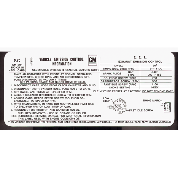 1964-72 Cutlass 442 Emissions Decal
