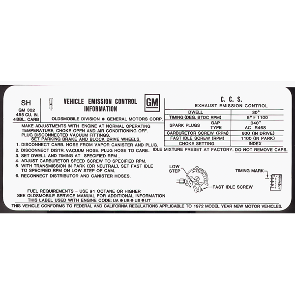 1964-72 Cutlass 442 Emissions Decal