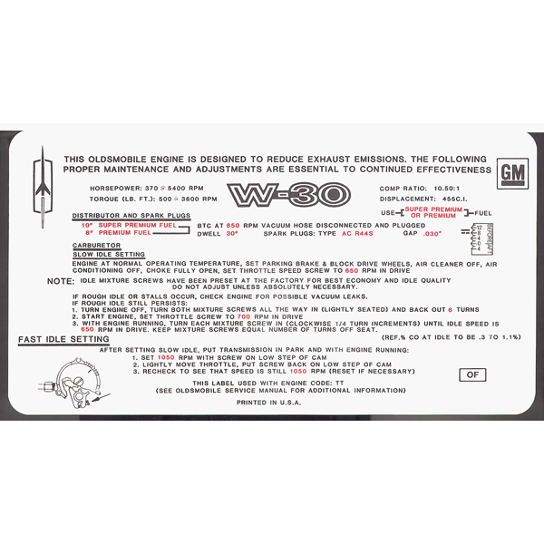 1964-72 Cutlass 442 Emissions Decal