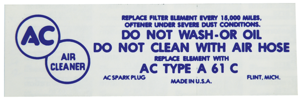 1955-57 Chevy Air Cleaner Service Instructions Decal Fue...