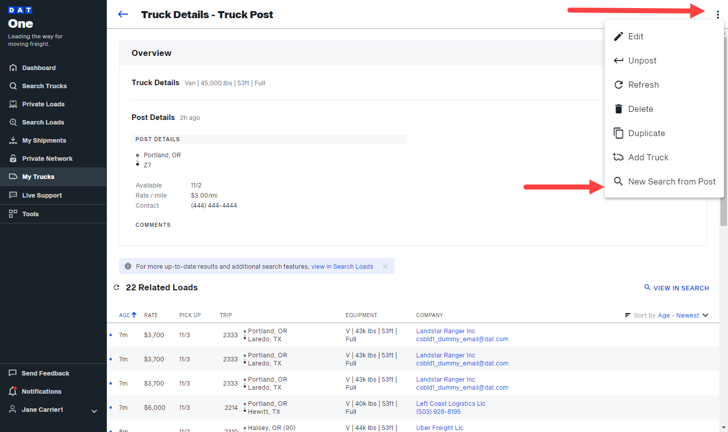 Create a search from your posting | Welcome to DAT One Help Center
