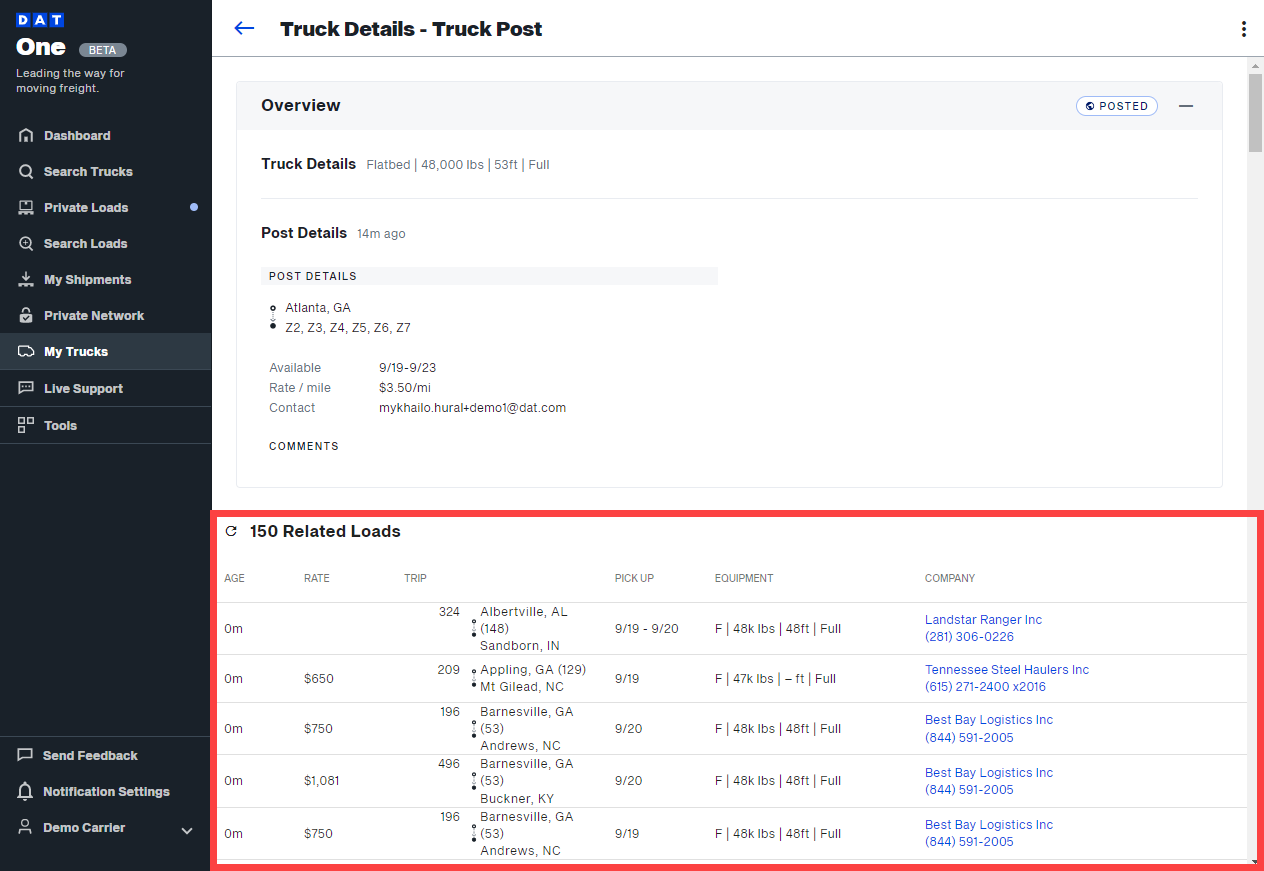 See related matches to your truck posting | Welcome to DAT One Help Center