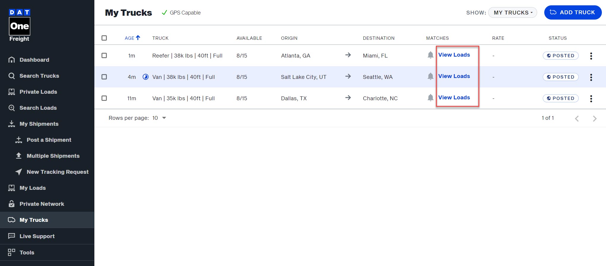 See matching loads to your truck posting | Welcome to DAT One Help Center