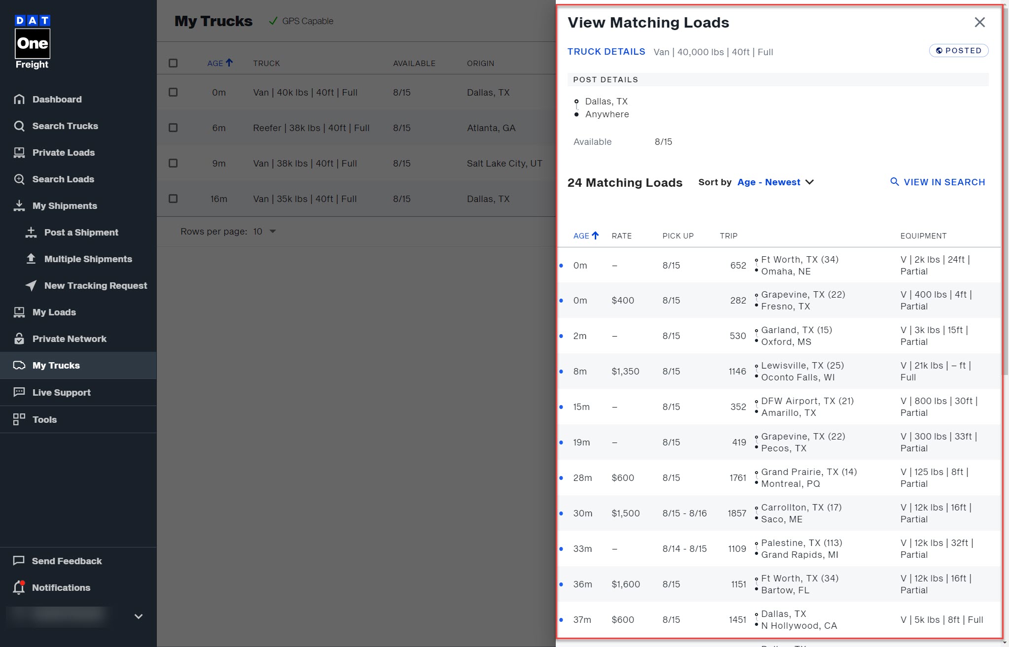 See matching loads to your truck posting | Welcome to DAT One Help Center