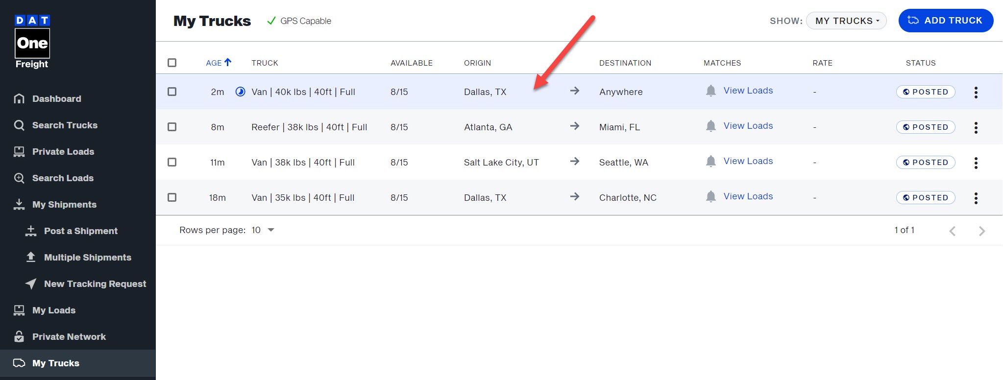 See matching loads to your truck posting | Welcome to DAT One Help Center