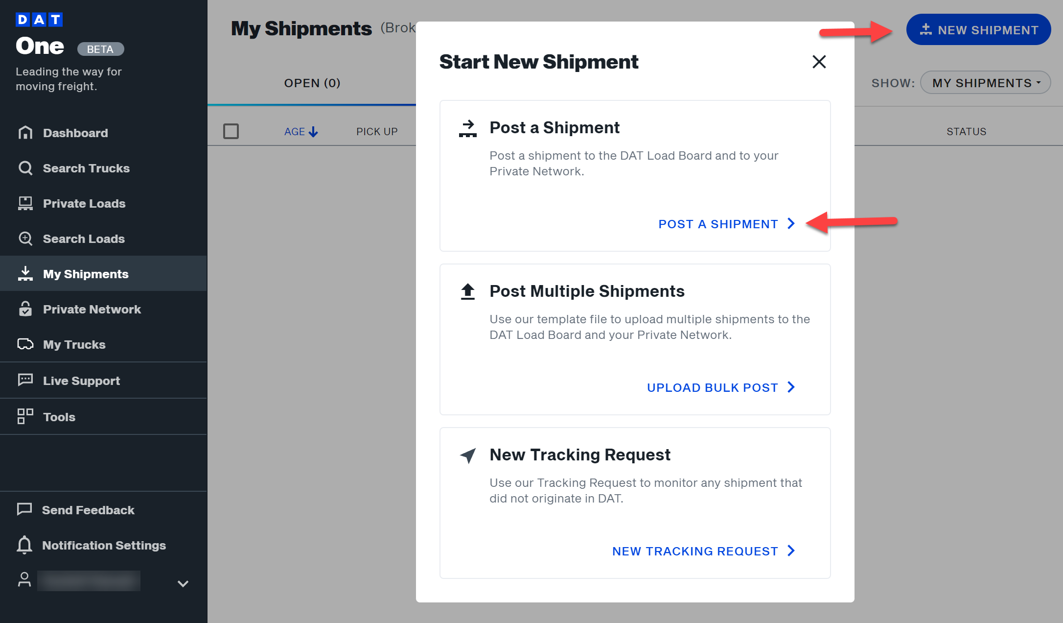 Create a shipment and tracking request | Welcome to DAT One Help Center