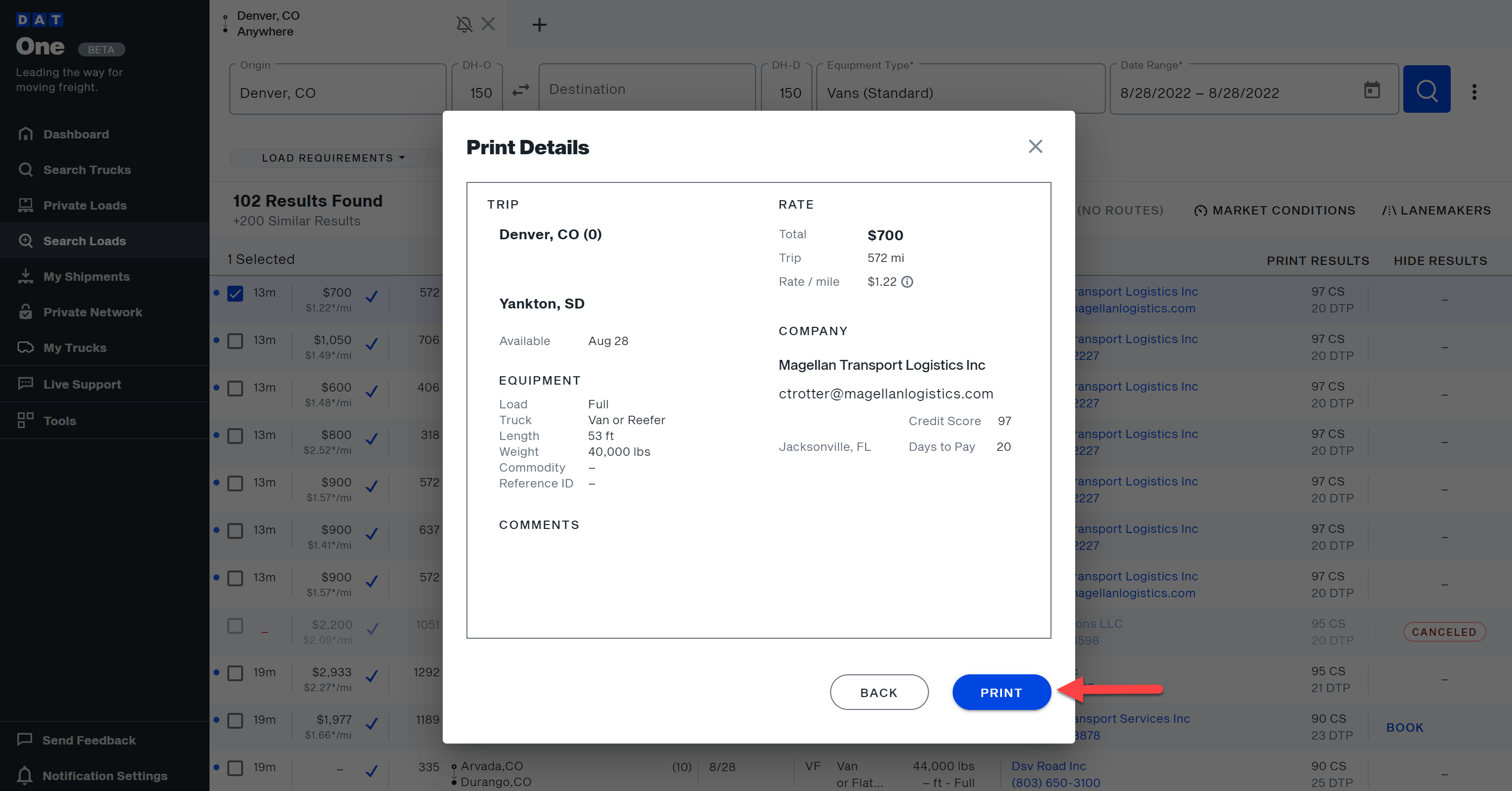 Print load search results | Welcome to DAT One Help Center