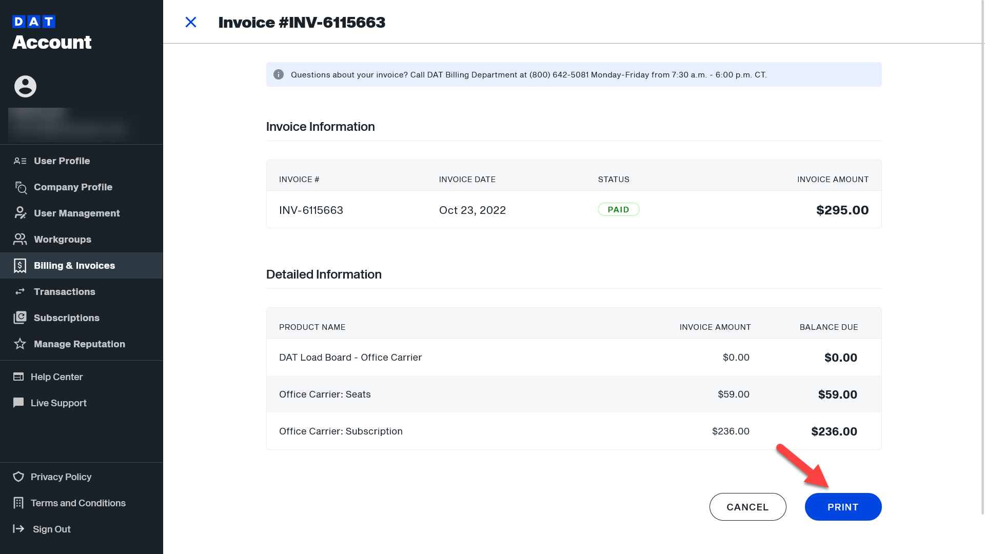 View and print an invoice | Welcome to DAT One Help Center