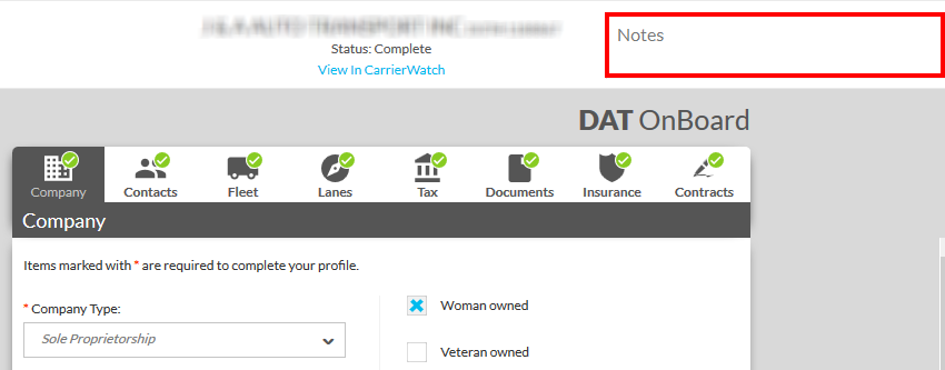 Leaving Internal Notes on Carrier Profiles | DAT OnBoard Help Center