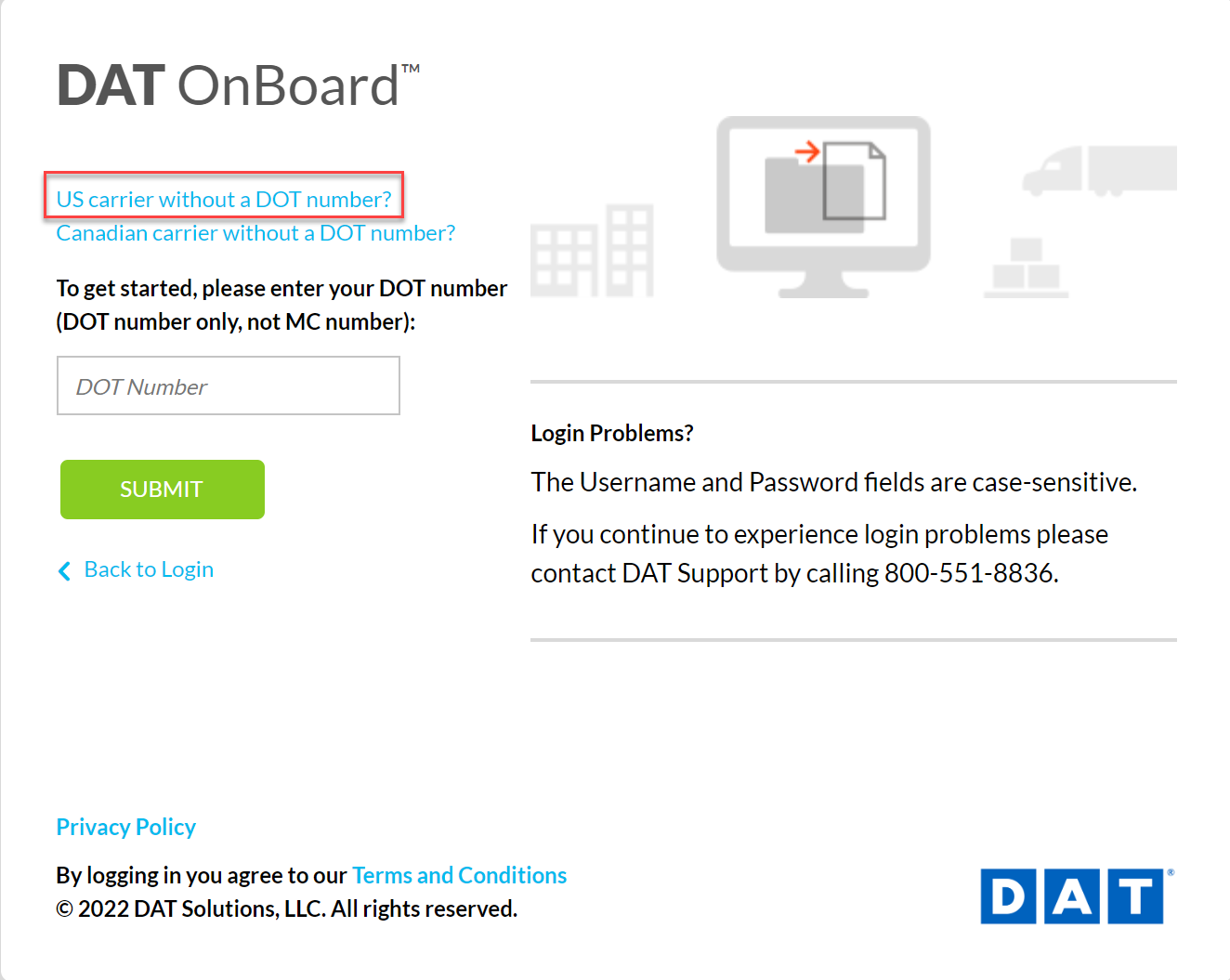 Registering as a US Carrier without a DOT Number | DAT OnBoard Help Center
