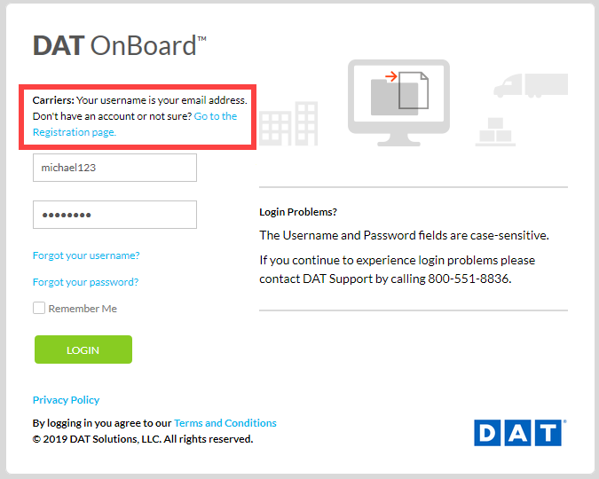 Accessing the DAT OnBoard™ website as a carrier | DAT OnBoard Help Center