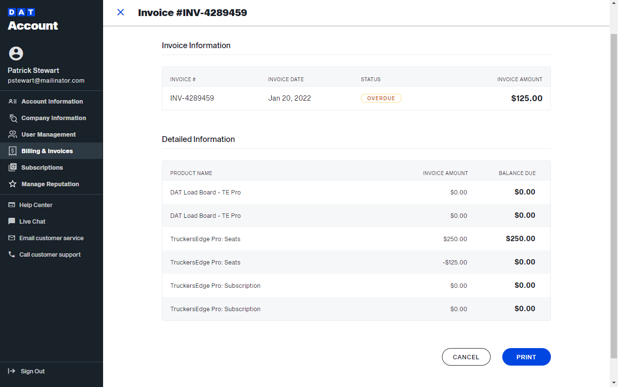 View and print an invoice | Welcome to DAT One Help Center
