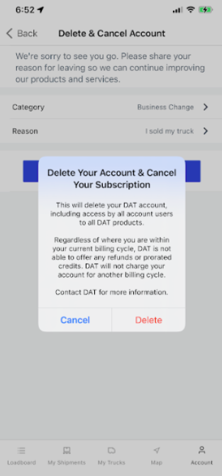 Deleting my account in iOS | Welcome to DAT One Help Center