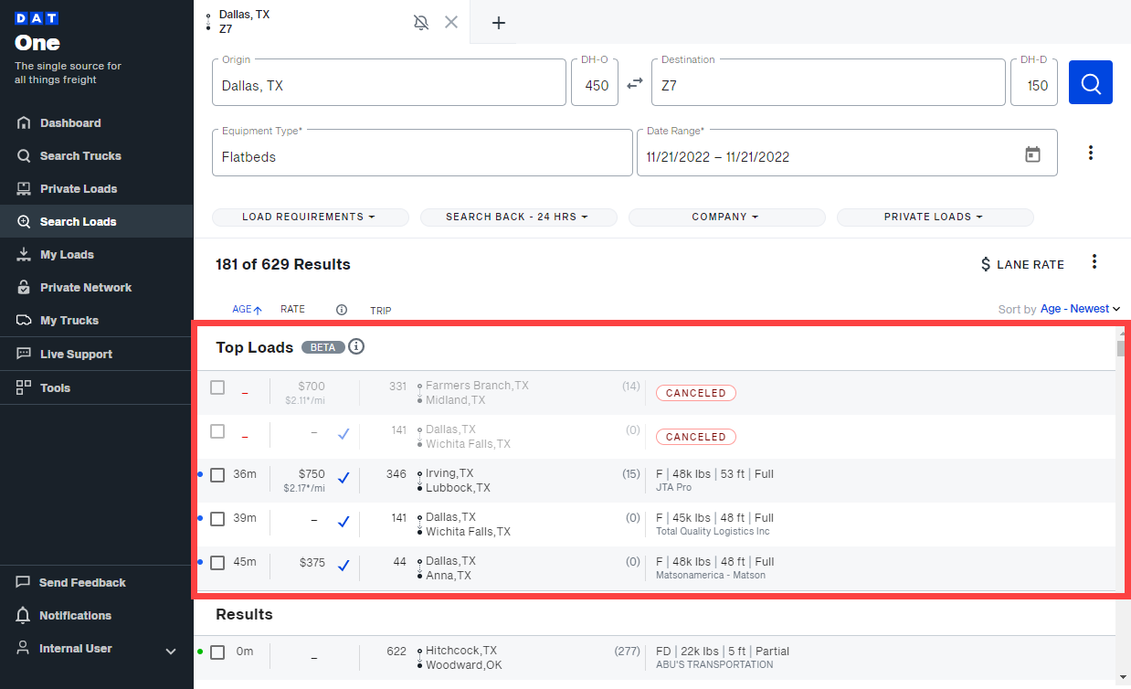Top Loads on load searches | Welcome to DAT One Help Center