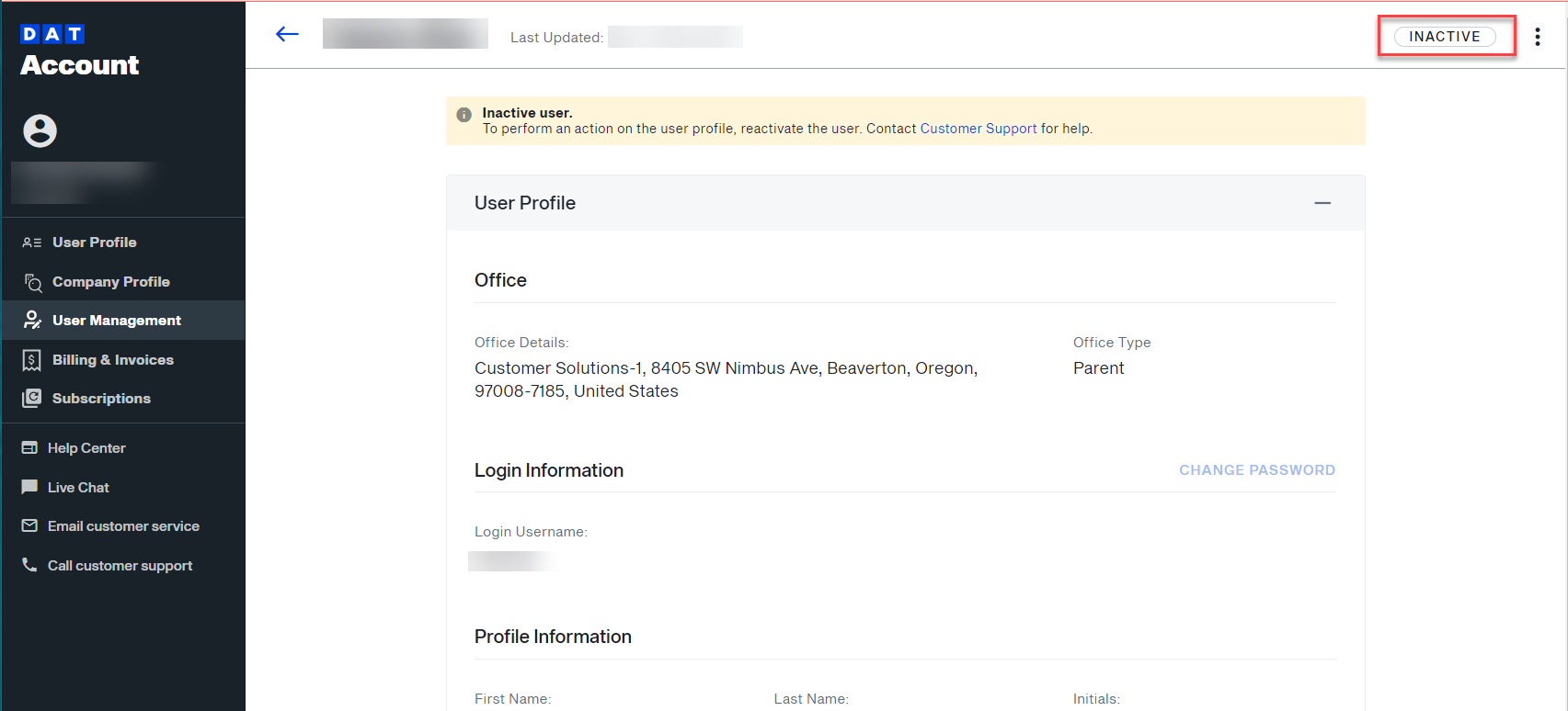 Reactivate an inactive user | Welcome to DAT One Help Center