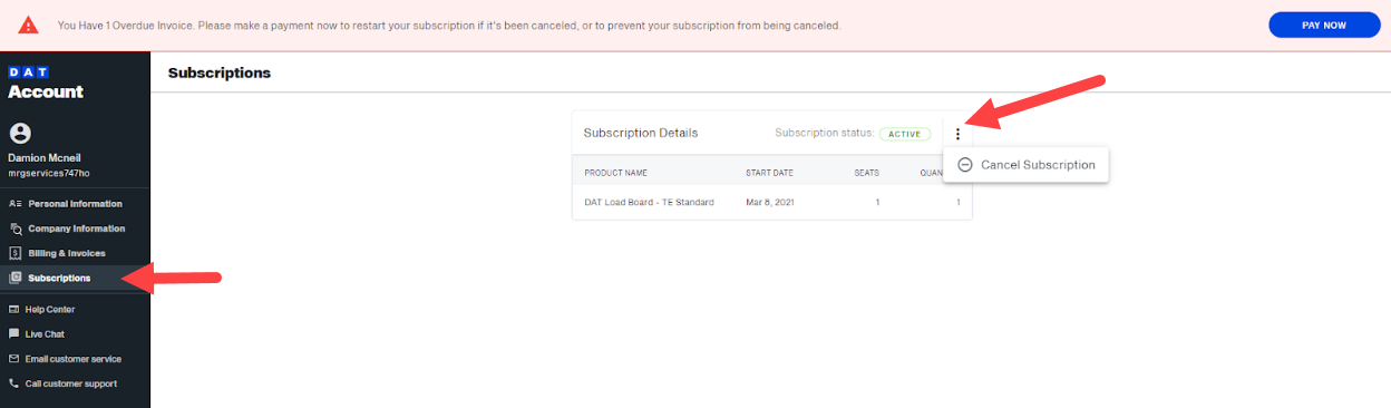 Terminate or cancel service with DAT | Welcome to DAT One Help Center
