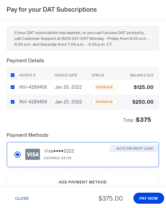 Pay for my service | Welcome to DAT One Help Center