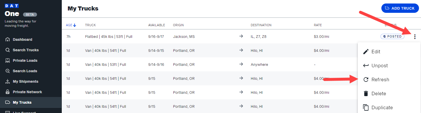 Refresh a truck posting | Welcome to DAT One Help Center