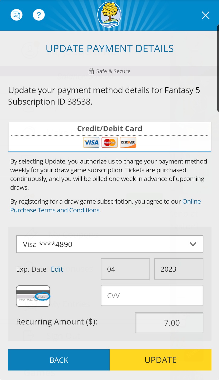 Update a Payment Method on a Subscription | Michigan Lottery FAQ