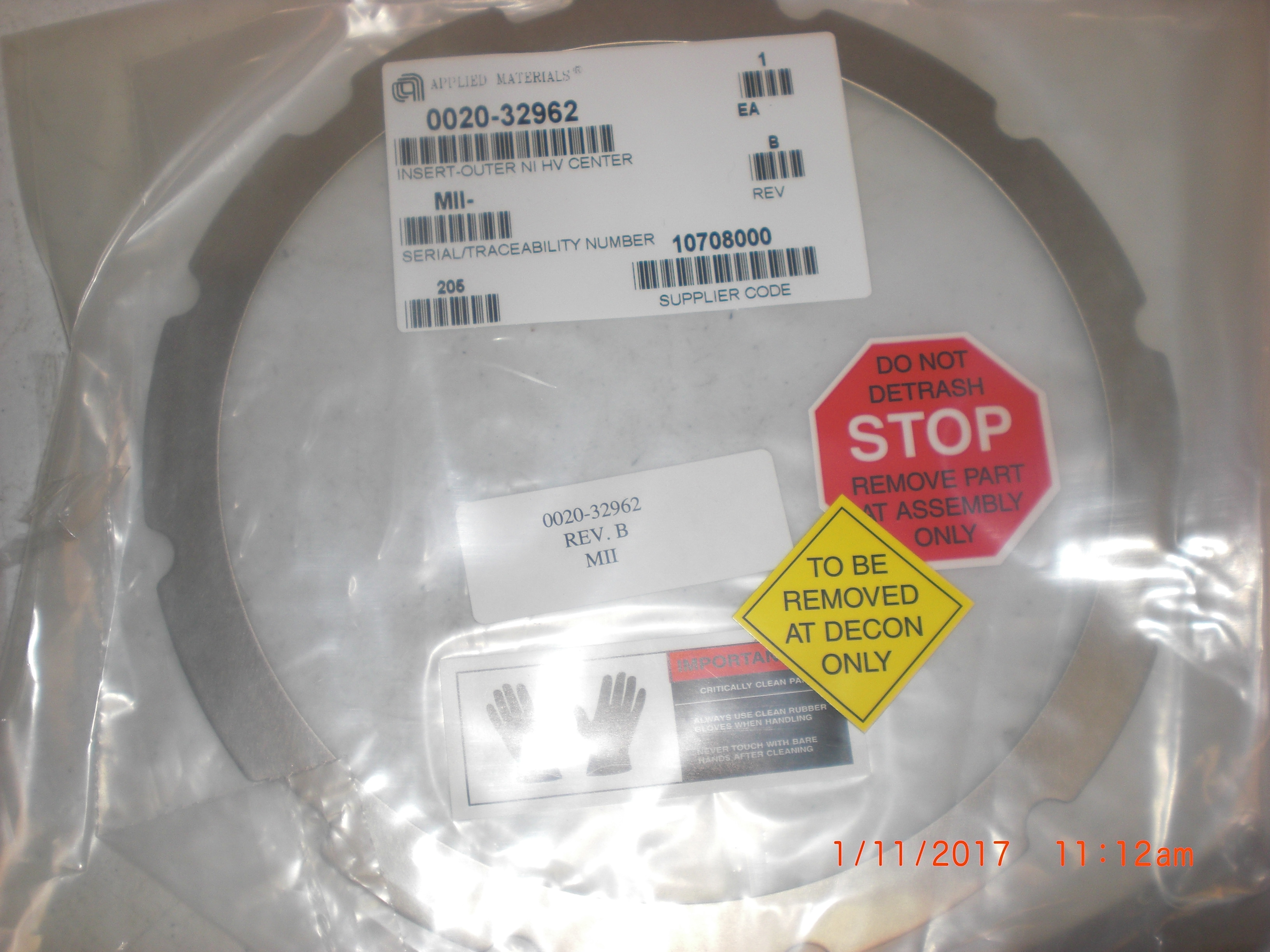Applied Materials (AMAT) 0020-32962 INSERT,OUTER,NICKEL,HV CENTER,ESC ...