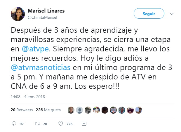 Vía Twitter: Con sincero mensaje, Marisel Linares anuncia su salida de ...