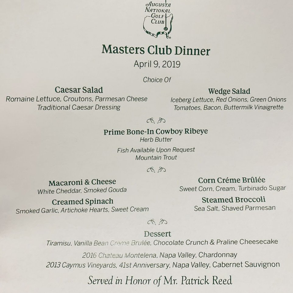 2019 Masters Champions Dinner Menu - Tour Talk - GolfWRX
