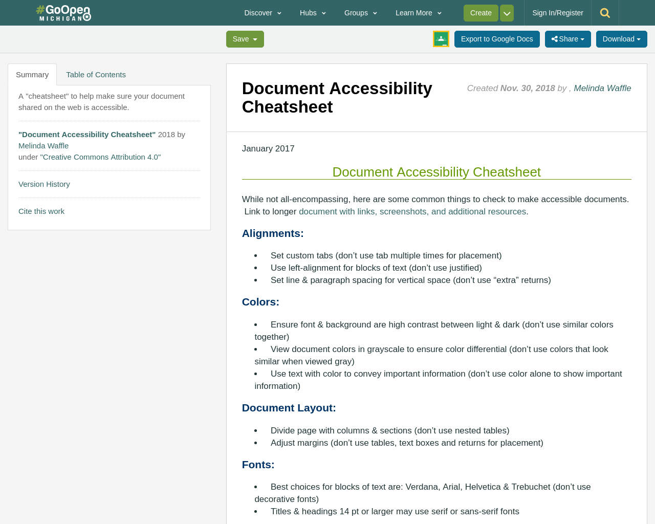 Document Accessibility Cheatsheet | GoOpenMichigan