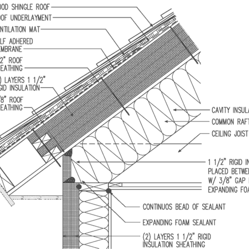 Unvented roof for a cold climate with exterior roof and wall insulation ...