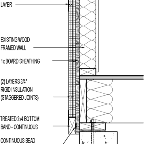 Existing 2x4 wall with 1x sheathing // (2) 3/4" layers rigid insulation ...