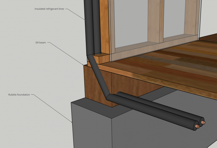 Run refrigerant line inside stud bay on exterior wall ...