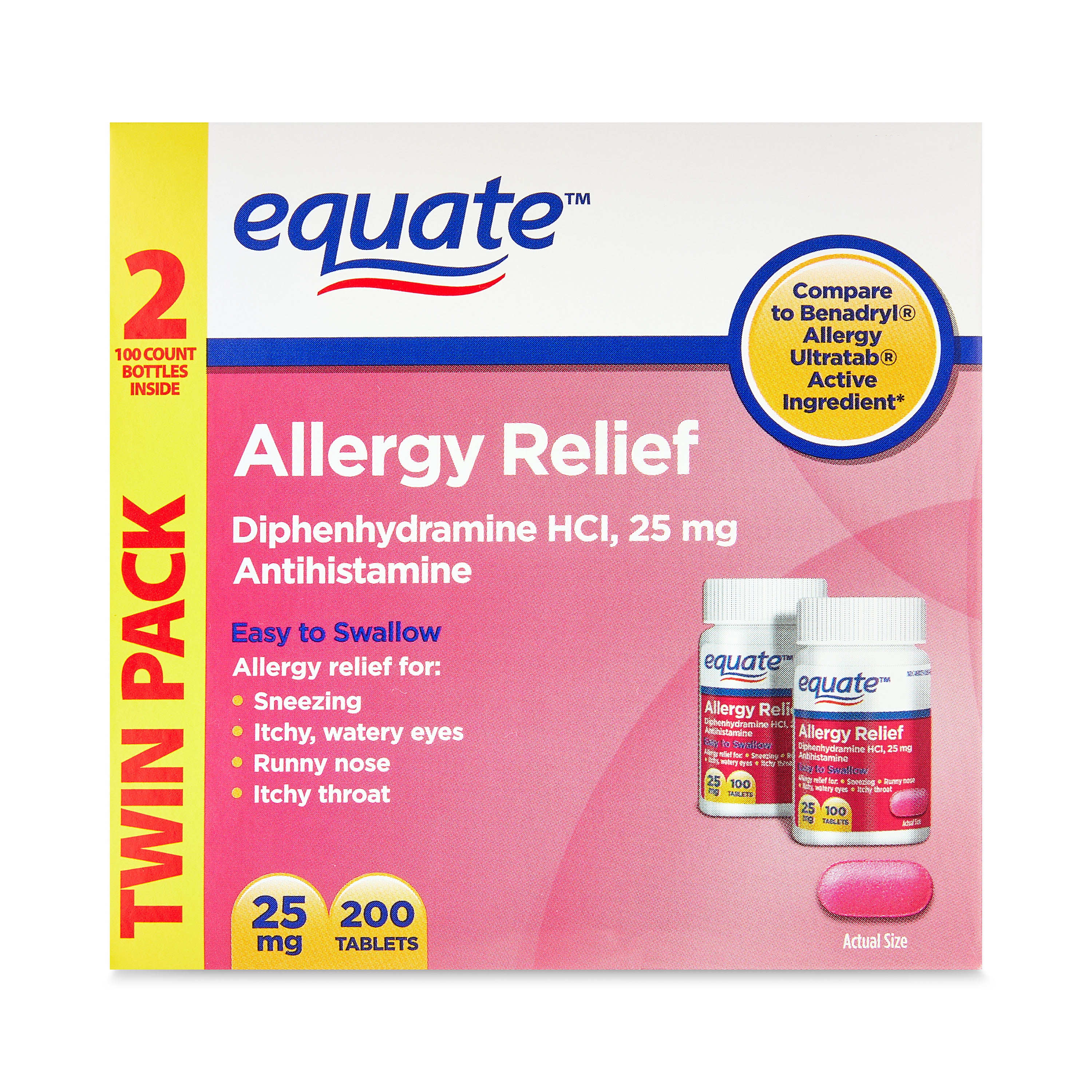 Equate Diphenhydramine Hydrochloride Antihistamine Allergy Relief 25mg ...