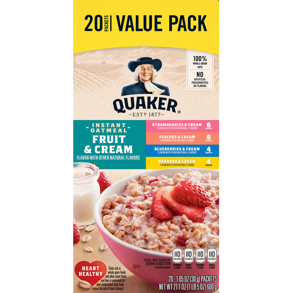 Quaker Instant Oatmeal, Fruit & Cream Variety Pack, Value Pack, 20 Packets