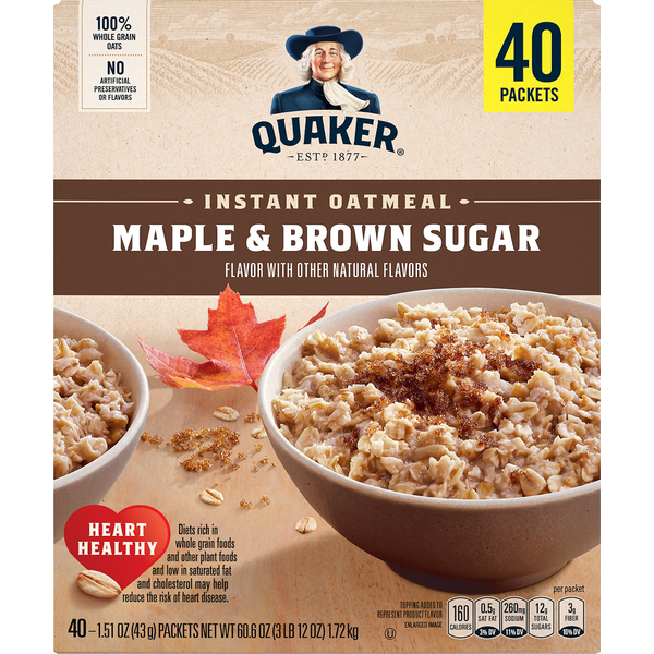 Quaker Instant Oatmeal Maple Brown Sugar Packets, 40 Count
