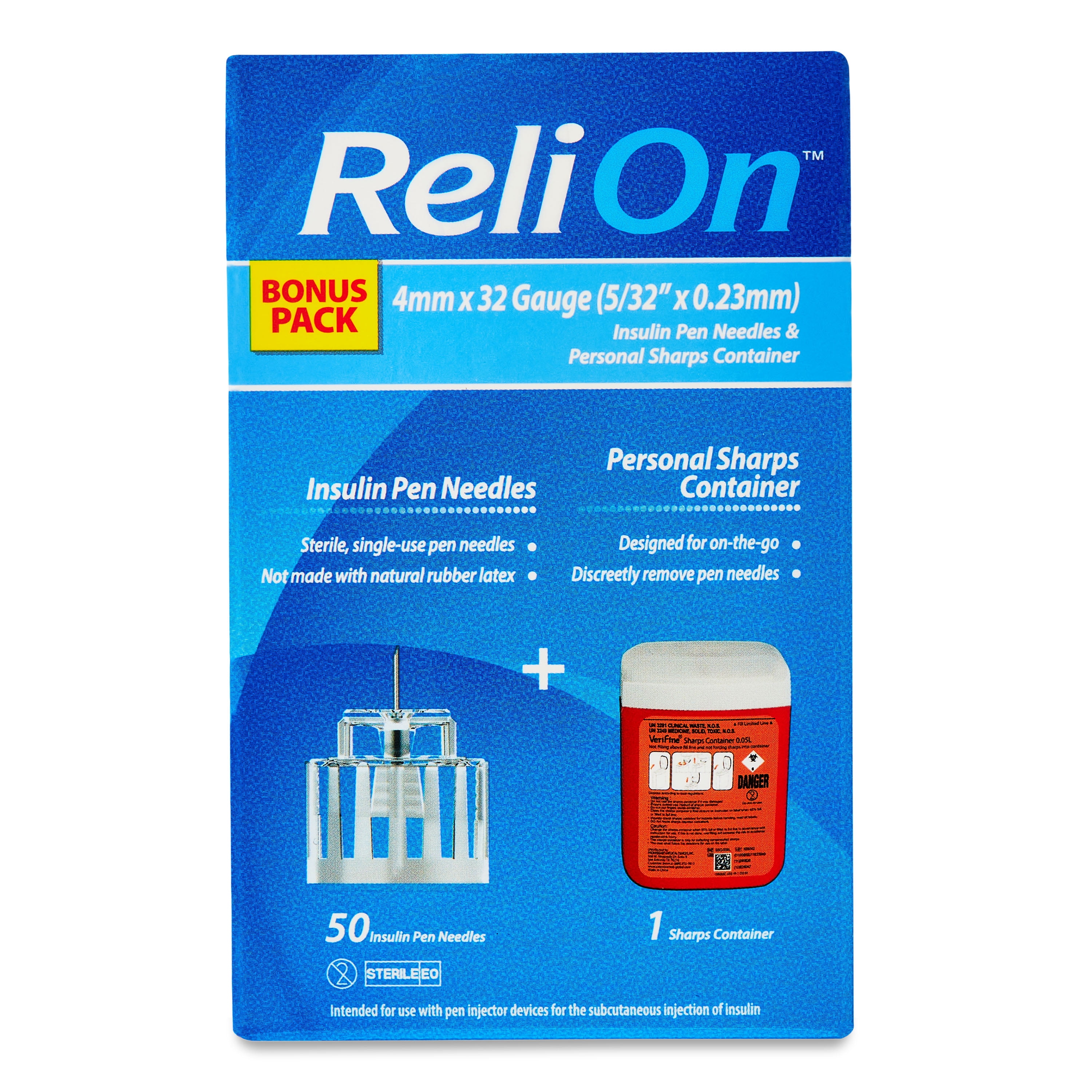 ReliOn Insulin Pen Needles Bonus Pack, 4 mm x 32 Gauge, 50 Count ...