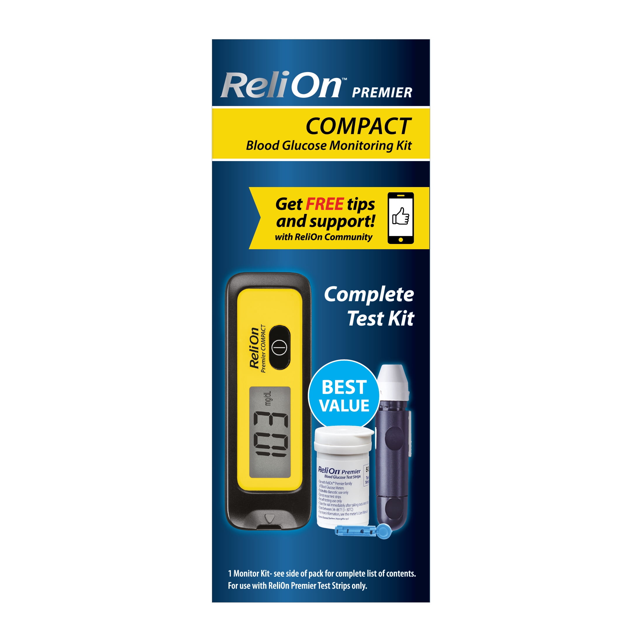 Relion Premier Compact Complete Blood Glucose Monitoring Kit