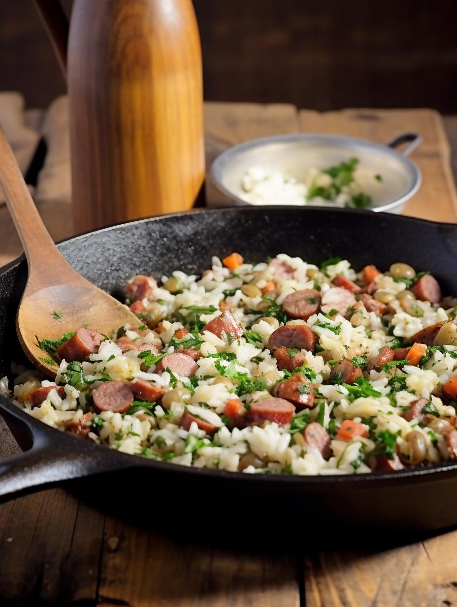 Savory One-Skillet Beans, Rice and Smoked Sausage