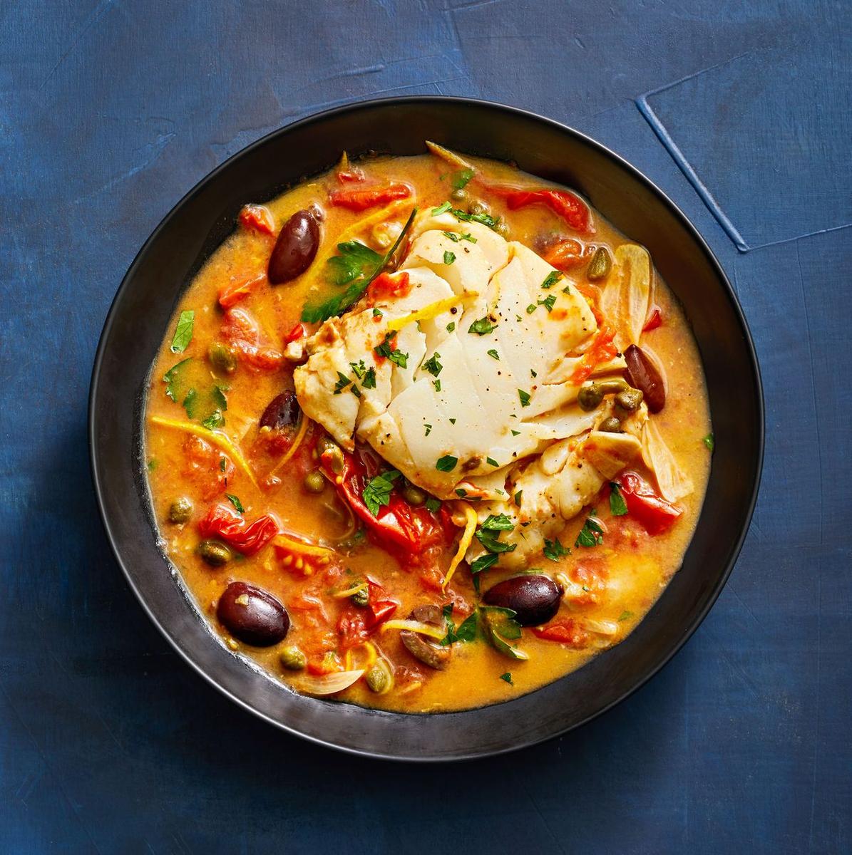 Tomato-Poached Cod with Olives and Capers