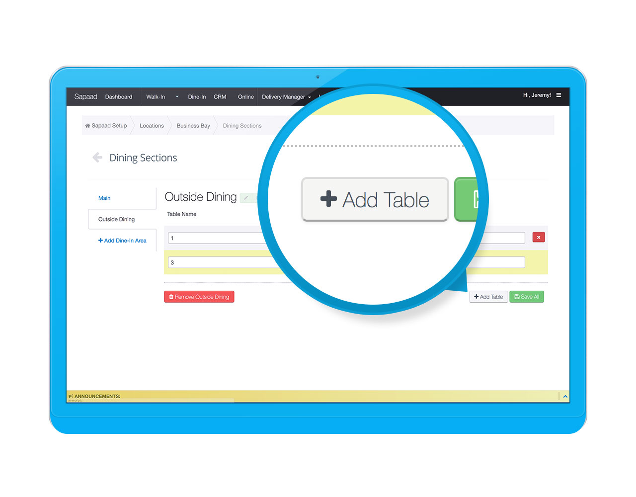 How to add tables to a Dine-In Area?