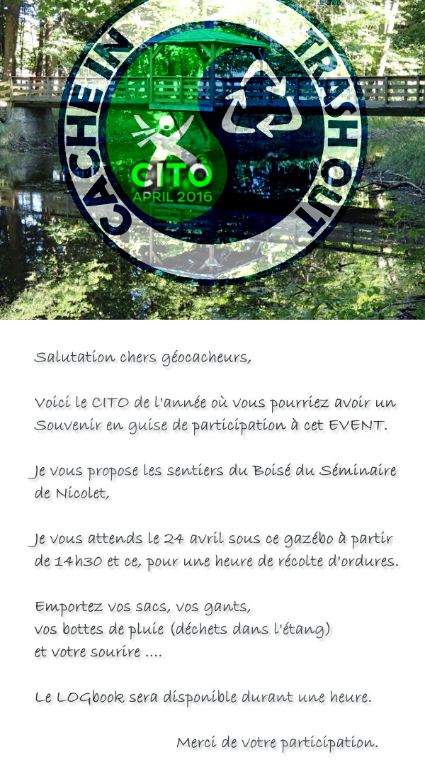 GC6EXE4 Nicolet CITO 2016 (Cache In Trash Out Event) in Québec, Canada ...