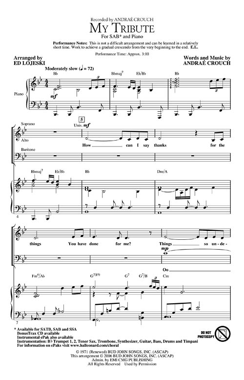 My Tribute Sheet Music by Andrae Crouch (SKU: 08745107) - Stanton's ...