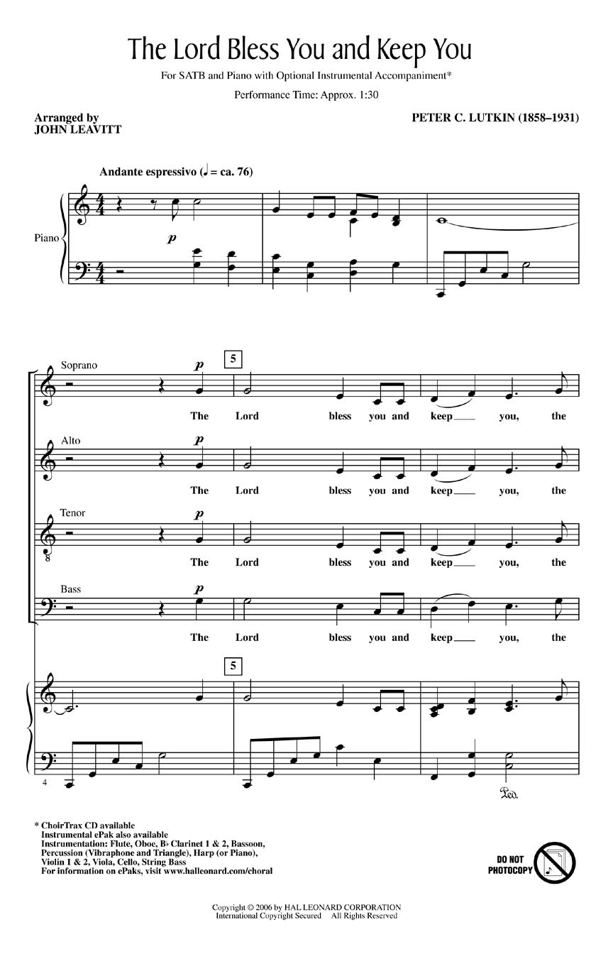 The Lord Bless You And Keep You Sheet Music by Peter Lutkin (SKU ...