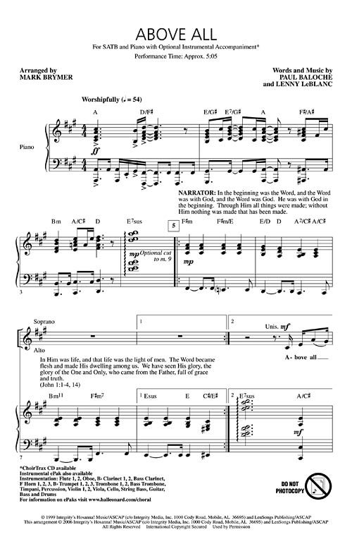 Above All Sheet Music by Mark Brymer (SKU: 08745586) - Stanton's Sheet ...