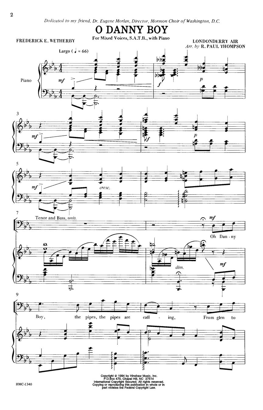 O Danny Boy Sheet Music by R Paul Thompson (SKU: 08763626) - Stanton's ...