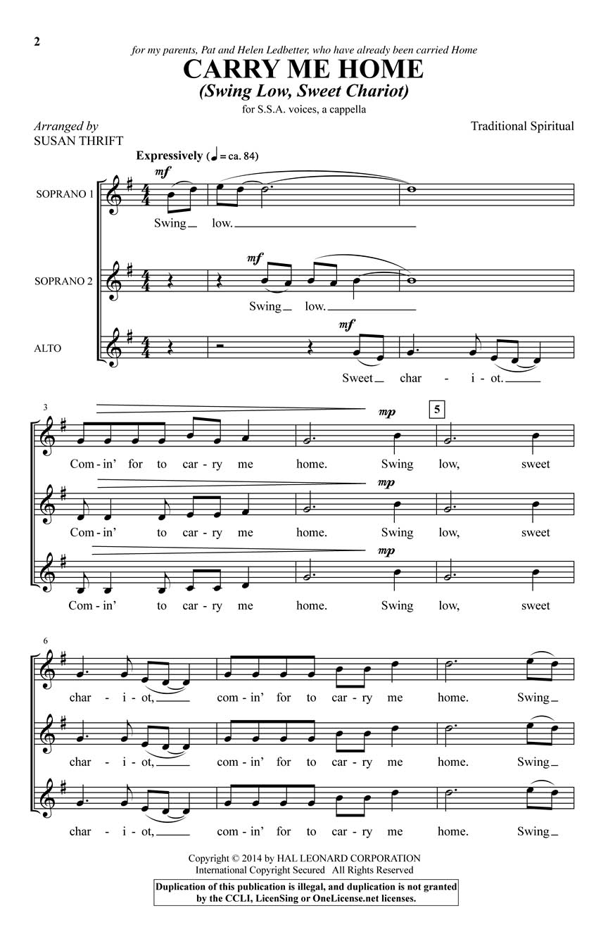 Carry Me Home (Swing Low Sweet Chariot) Sheet Music by Susan Thrift ...