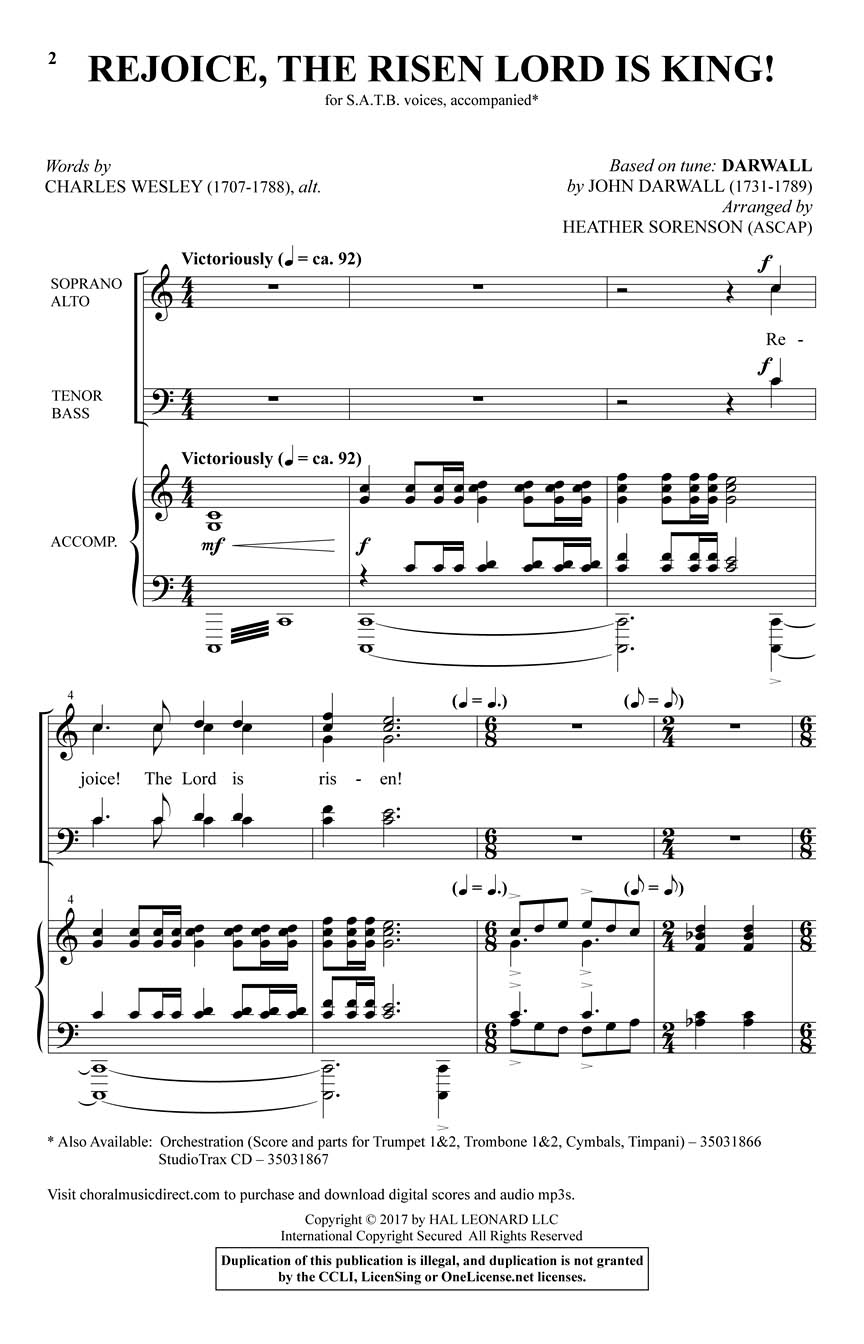 Rejoice, the Risen Lord Is King! (SATB) : Charles Wesley/John Darwall ...
