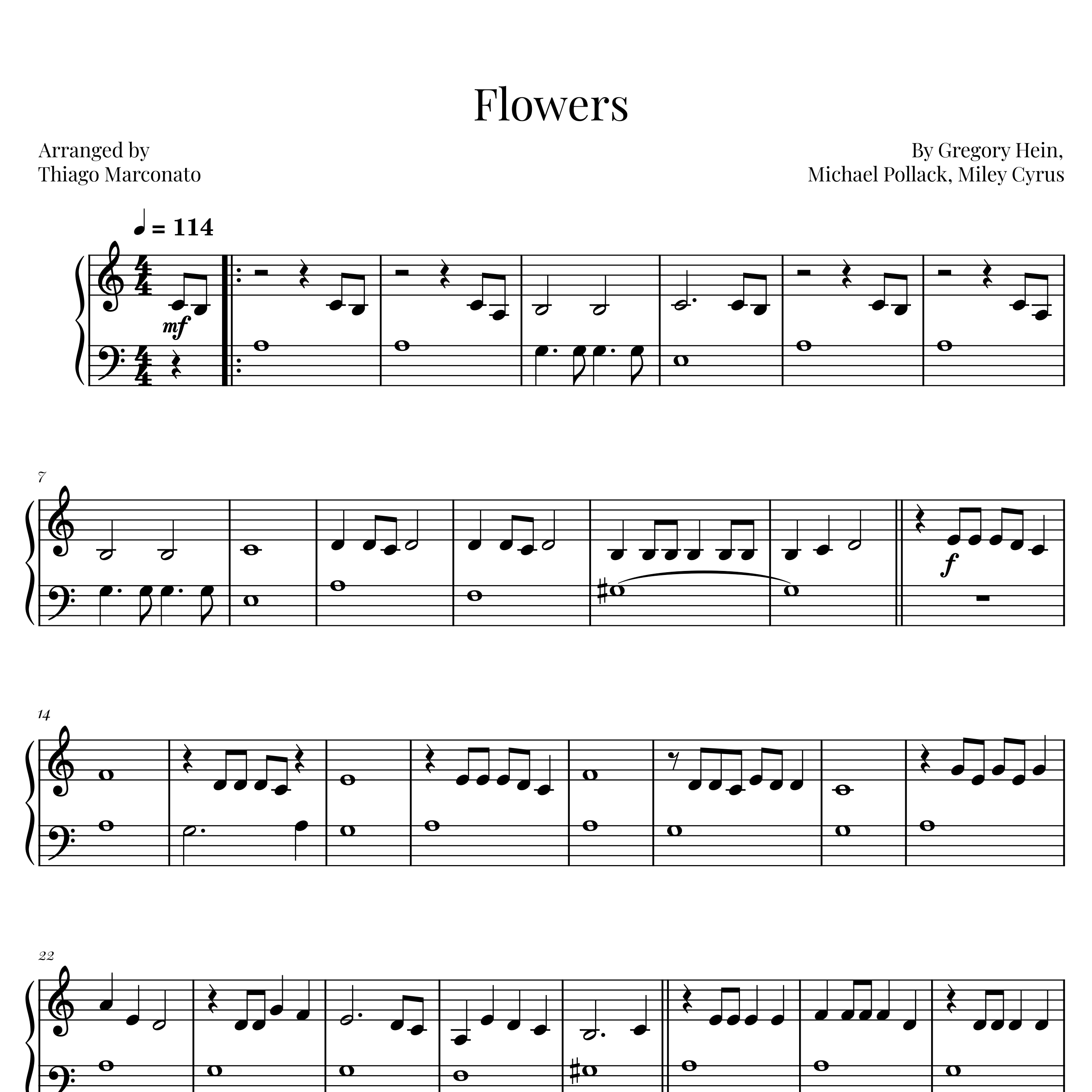 Flowers (arr. Thiago Marconato) by Miley Cyrus Sheet Music for Easy Piano at Sheet Music Direct