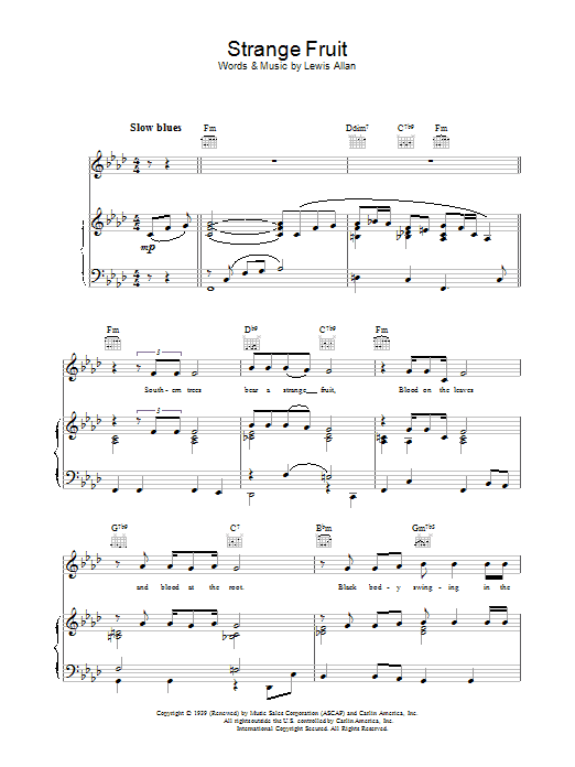 Strange Fruit Sheet Music Billie Holiday Piano Vocal Guitar Chords