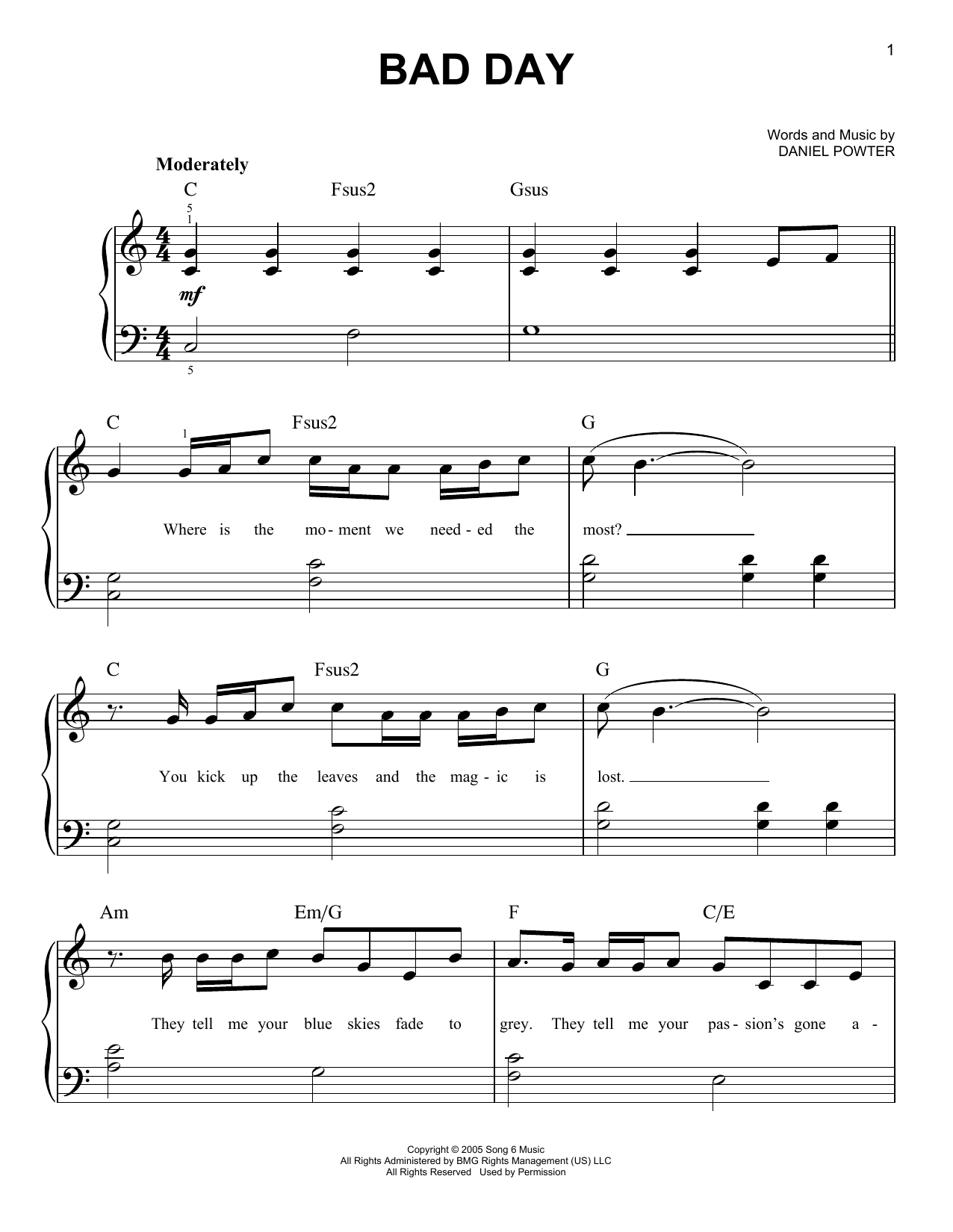 Bad Day Sheet Music By Daniel Powter Easy Piano 56479 