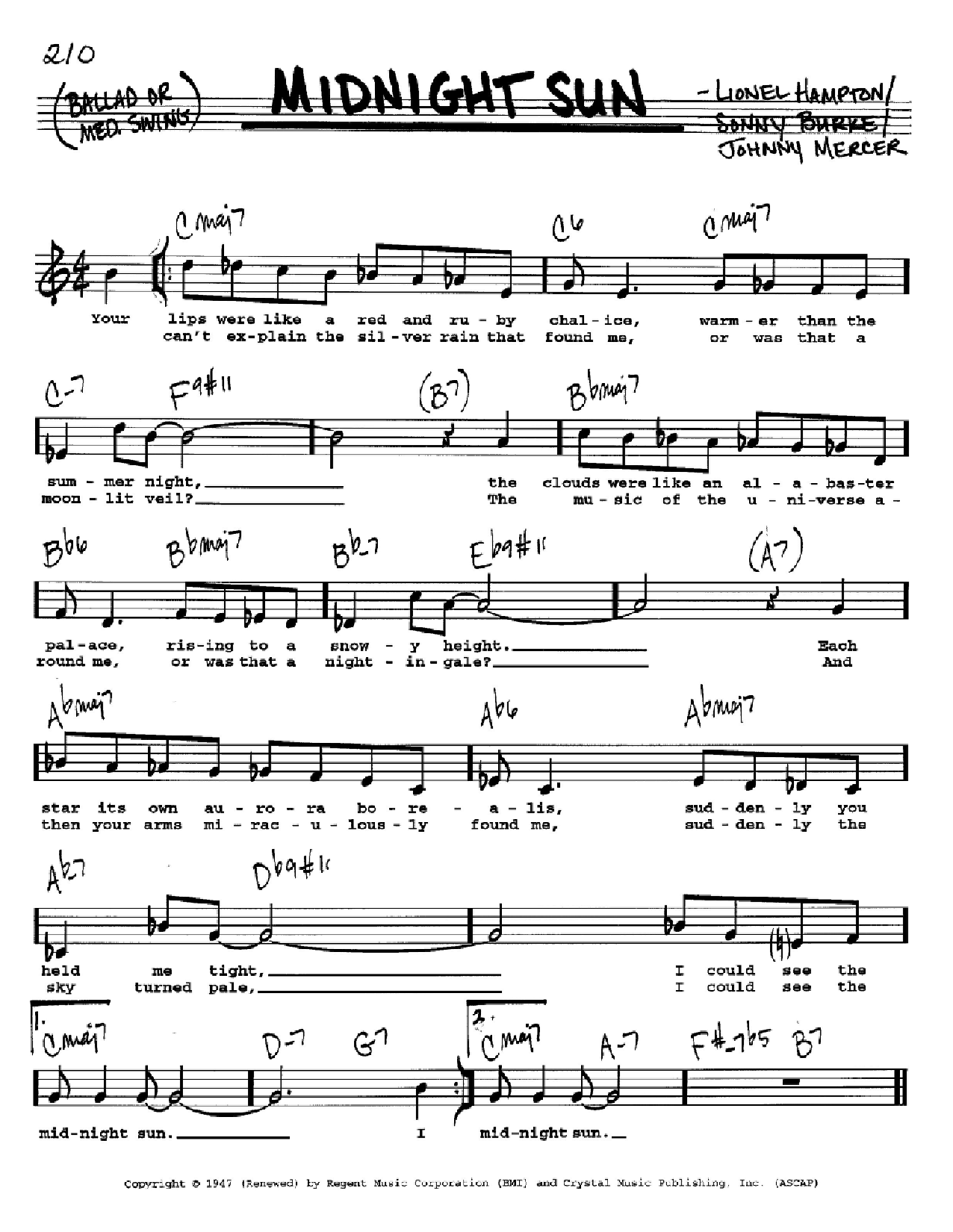 Midnight Sun By Lionel Hampton Sheet Music For Real Book Melody
