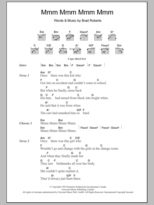 Mmm Mmm Mmm Mmm Sheet Music Crash Test Dummies Guitar Chords Lyrics